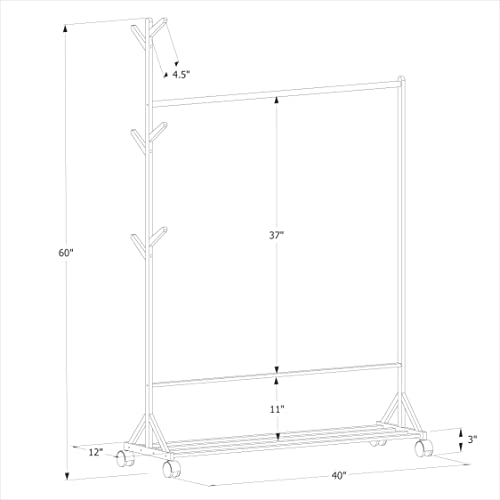 MoNiBloom Bamboo Clothing Garment Rack with Wheels and Bottom Shelf 2-in-1 Freestanding Clothes Organizer with 6 Side Hooks for Hanging Clothes Hats, Natural