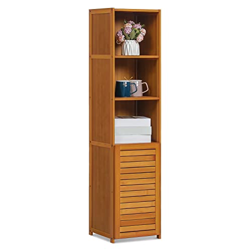 MoNiBloom Bookcase with Shutter Door and Shelves, Bamboo 5 Tier Bookshelf Display Shelf with Storage Cabinet Organizer for Living Room Bedroom Kitchen, Brown