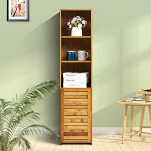 MoNiBloom Bookcase with Shutter Door and Shelves, Bamboo 5 Tier Bookshelf Display Shelf with Storage Cabinet Organizer for Living Room Bedroom Kitchen, Brown