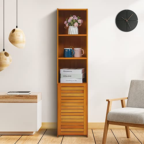 MoNiBloom Bookcase with Shutter Door and Shelves, Bamboo 5 Tier Bookshelf Display Shelf with Storage Cabinet Organizer for Living Room Bedroom Kitchen, Brown