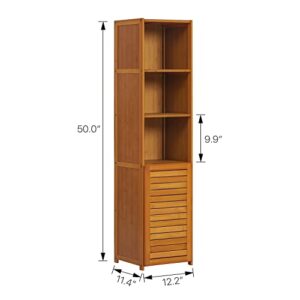 MoNiBloom Bookcase with Shutter Door and Shelves, Bamboo 5 Tier Bookshelf Display Shelf with Storage Cabinet Organizer for Living Room Bedroom Kitchen, Brown