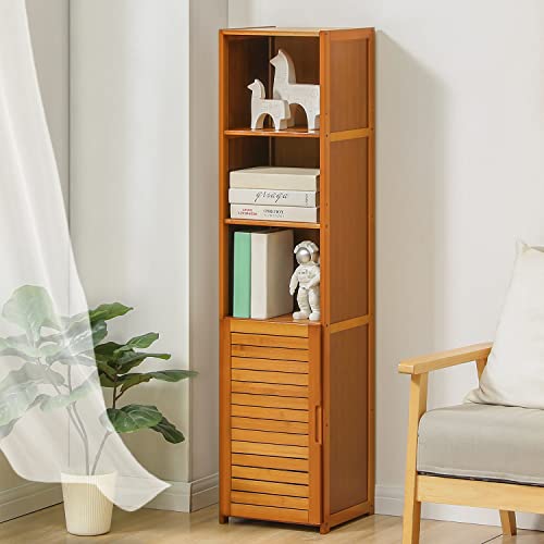 MoNiBloom Bookcase with Shutter Door and Shelves, Bamboo 5 Tier Bookshelf Display Shelf with Storage Cabinet Organizer for Living Room Bedroom Kitchen, Brown