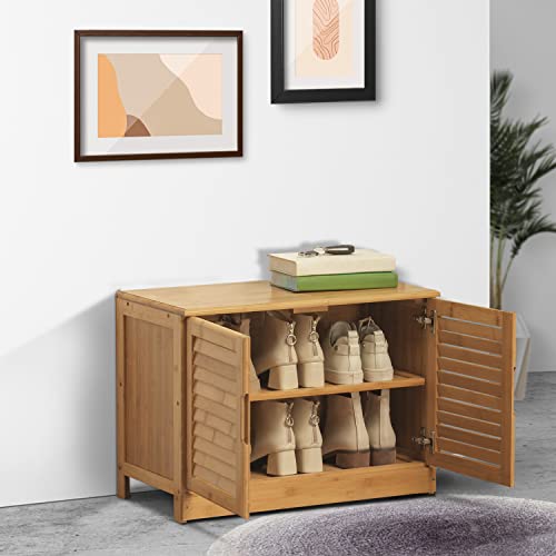 MoNiBloom 2 Tier Bamboo Shoe Rack, Free Standing Shoe Shelf Oragnizer Storage Cabinet with Shutter Door for 6-10 Pairs Entryway Hallway Office Bedroom, Natural