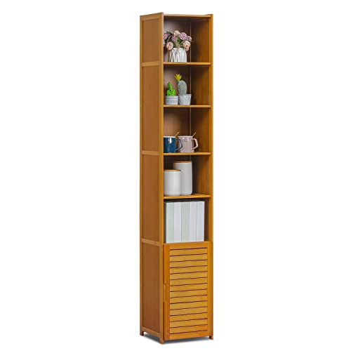 MoNiBloom Tall 7 Tier Bookcase with Door, Bamboo Freestanding Display Storage Cabinet Shelves Collection Decor Furniture for Home Living Room Bedroom, Brown