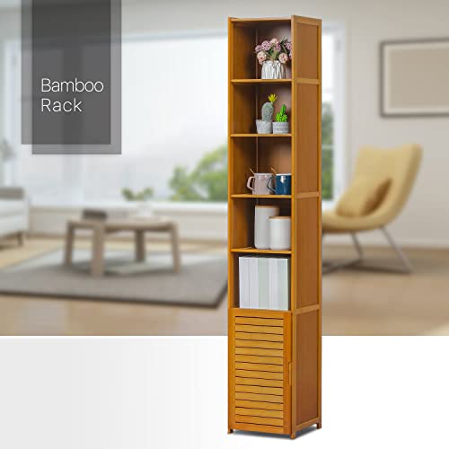 MoNiBloom Tall 7 Tier Bookcase with Door, Bamboo Freestanding Display Storage Cabinet Shelves Collection Decor Furniture for Home Living Room Bedroom, Brown