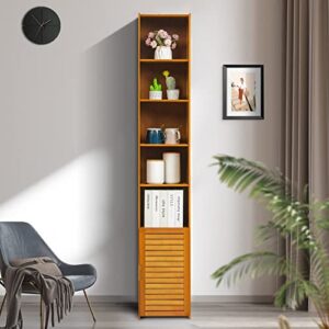 MoNiBloom Tall 7 Tier Bookcase with Door, Bamboo Freestanding Display Storage Cabinet Shelves Collection Decor Furniture for Home Living Room Bedroom, Brown