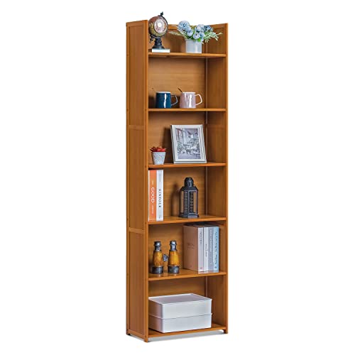 MoNiBloom 6 Tier Bookshelf, Bamboo Tall Display Shelves Bookcase Storage Book Shelves Freestanding for Living Room Home Office Décor, Brown