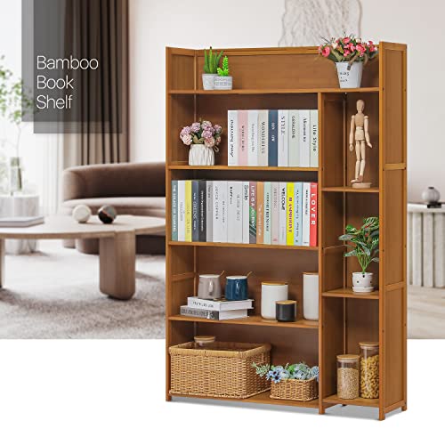 MoNiBloom 5 Tier Bookcase, Bamboo Freestanding Display Shelves Bookcase Open Storage Book Shelves for Living Room Home Office Décor, Brown