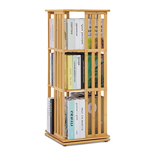 MoNiBloom 3-Tier Corner Book Shelf, 360° Bamboo Rotating Storage Display Rack Standing Shelves with Open Design Shelving for Living Room Study Room Office, Natural