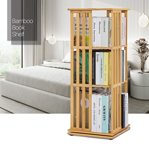 MoNiBloom 3-Tier Corner Book Shelf, 360° Bamboo Rotating Storage Display Rack Standing Shelves with Open Design Shelving for Living Room Study Room Office, Natural