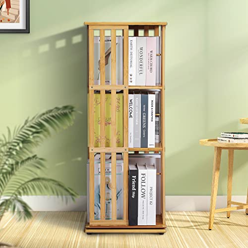 MoNiBloom 3-Tier Corner Book Shelf, 360° Bamboo Rotating Storage Display Rack Standing Shelves with Open Design Shelving for Living Room Study Room Office, Natural