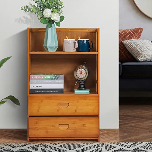 MoNiBloom 2 Tier Bookcase with 2 Drawers, Bamboo Freestanding Shelf Storage Organizer, Utility Shelf Rack for Living Room Bathroom Kitchen Office, Brown