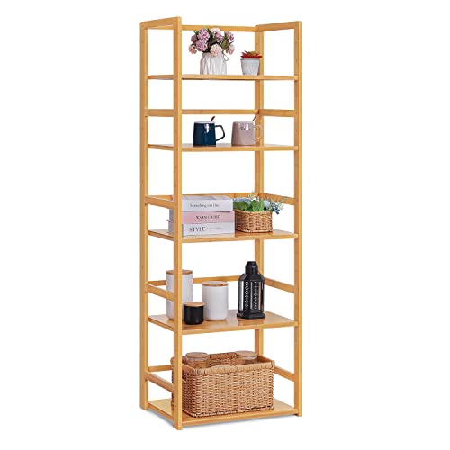 MoNiBloom Bamboo 5 Tier Bookshelf Bookcase Shelf Storage Organizer, Free-Standing Utility Plant Flower Rack for Living Room Office Bedroom Kitchen, Natural