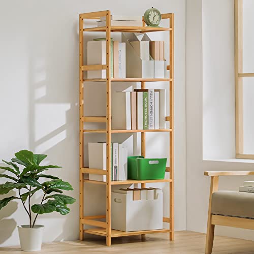 MoNiBloom Bamboo 5 Tier Bookshelf Bookcase Shelf Storage Organizer, Free-Standing Utility Plant Flower Rack for Living Room Office Bedroom Kitchen, Natural