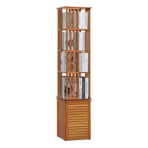 MoNiBloom 360 Degree Rotating Bookcase Storage Cabinet with Door, Bamboo 6 Tier Bookshelf Free Standing Display Organize for Living Room Bedroom Office, Brown