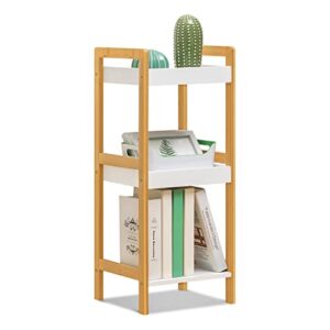 monibloom 3 tier small bookcase, bamboo standing storage bookshelf kids open shelf organizer display rack table for bathroom bedroom office living room, natural/white