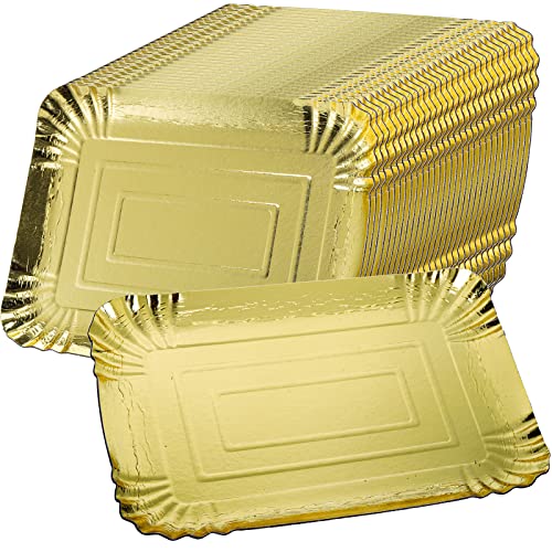 ZEAYEA 30 Pack Gold Serving Trays, Disposable Cookie Trays Platter for Parties, Rectangle Sturdy Paper Cardboard Serving Platters for Dessert Table, Cupcake Display, Birthday Party, Wedding, 14" x 10"