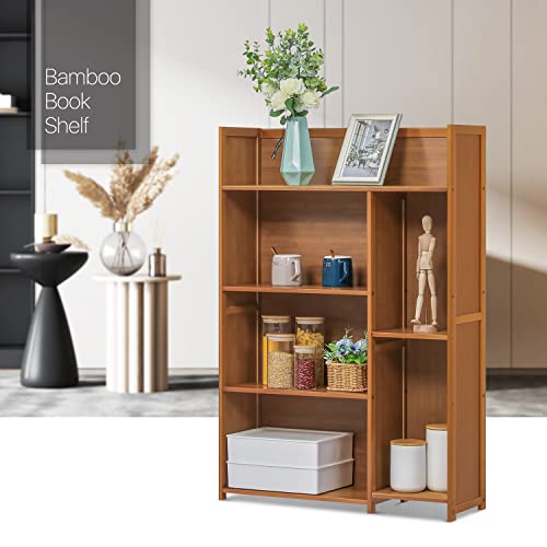 MoNiBloom 4 Tier Bookcase, Bamboo Freestanding Display Shelves Bookcase Open Storage Book Shelves for Living Room Home Office Décor, Brown