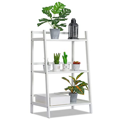 MoNiBloom Ladder Shelf for Plant Flower Book, Bamboo 3-Tier Trapezoid Storage Shelf Organizer for Living Room Balcony Kitchen Bathroom Home Office, White