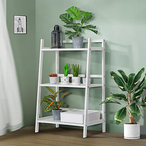 MoNiBloom Ladder Shelf for Plant Flower Book, Bamboo 3-Tier Trapezoid Storage Shelf Organizer for Living Room Balcony Kitchen Bathroom Home Office, White