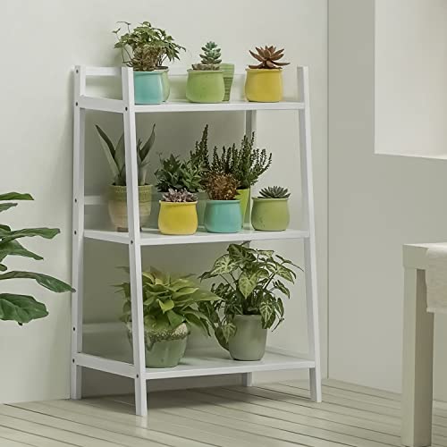 MoNiBloom Ladder Shelf for Plant Flower Book, Bamboo 3-Tier Trapezoid Storage Shelf Organizer for Living Room Balcony Kitchen Bathroom Home Office, White