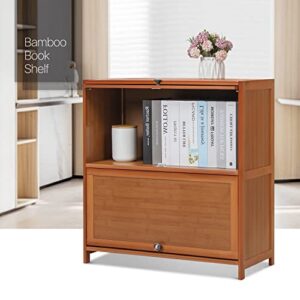 MoNiBloom Bamboo 2 Tier Bookcase with Flip Doors Free Standing Book Shelf Storage Organizer Save Space for Living Room, Office, Bathroom, Kitchen, Brown