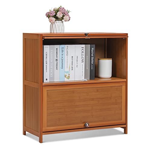 MoNiBloom Bamboo 2 Tier Bookcase with Flip Doors Free Standing Book Shelf Storage Organizer Save Space for Living Room, Office, Bathroom, Kitchen, Brown