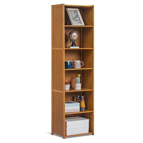 MoNiBloom Narrow 6 Tier Bookcase, Bamboo Tall Freestanding Display Storage Shelves Collection Decor Furniture for Home Living Room Kitchen, Brown