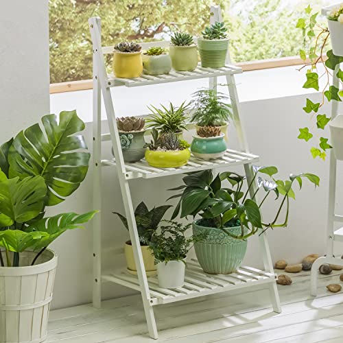 MoNiBloom Folding Bamboo Ladder Shelf 3 Tier Flower Pot Plant Display Rack Stand Organizer Holder for Home Garden Patio Balcony Indoor Outdoor Use, White