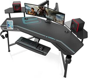 eureka ergonomic gaming desk with led lights, 72" large wing-shaped studio desk w keyboard tray monitor stand dual headphone hanger cup holder for live, streamer