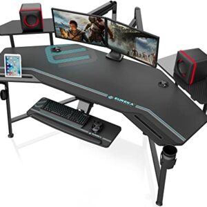 EUREKA ERGONOMIC Gaming Desk with Led Lights, 72" Large Wing-Shaped Studio Desk W Keyboard Tray Monitor Stand Dual Headphone Hanger Cup Holder for Live, Streamer