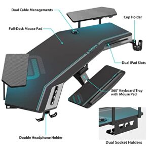 EUREKA ERGONOMIC Gaming Desk with Led Lights, 72" Large Wing-Shaped Studio Desk W Keyboard Tray Monitor Stand Dual Headphone Hanger Cup Holder for Live, Streamer