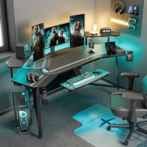 EUREKA ERGONOMIC Gaming Desk with Led Lights, 72" Large Wing-Shaped Studio Desk W Keyboard Tray Monitor Stand Dual Headphone Hanger Cup Holder for Live, Streamer