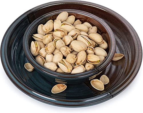 Pistachio Bowl, Double Dish Holder Bowl Pedestal and Sunflower Seed Nut Bowl with Shell Storage Chip and Dip Dipping Bowl, Veggies, Nuts, Guacamole, Cheese or Pita Tray - Party Platter 8"W & 2"H