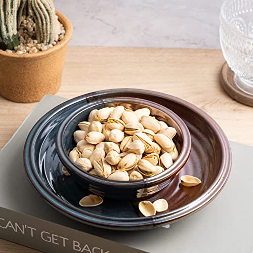 Pistachio Bowl, Double Dish Holder Bowl Pedestal and Sunflower Seed Nut Bowl with Shell Storage Chip and Dip Dipping Bowl, Veggies, Nuts, Guacamole, Cheese or Pita Tray - Party Platter 8"W & 2"H