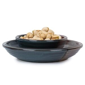 Pistachio Bowl, Double Dish Holder Bowl Pedestal and Sunflower Seed Nut Bowl with Shell Storage Chip and Dip Dipping Bowl, Veggies, Nuts, Guacamole, Cheese or Pita Tray - Party Platter 8"W & 2"H