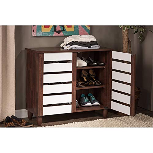 Pemberly Row Contemporary 2 Door Shoe Cabinet in Dark Oak and White