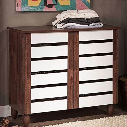 Pemberly Row Contemporary 2 Door Shoe Cabinet in Dark Oak and White