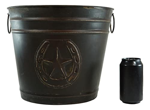 Ebros Rustic Western Texas Lone Star with Lucky Horseshoe Old Fashioned Bucket Metal Floral Vase Or Waste Basket Bin 12.5" Wide Home and Bathroom Accent Country Farmhouse Cowboy Decorative Accent