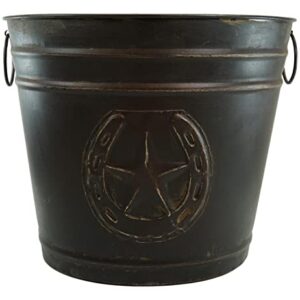 Ebros Rustic Western Texas Lone Star with Lucky Horseshoe Old Fashioned Bucket Metal Floral Vase Or Waste Basket Bin 12.5" Wide Home and Bathroom Accent Country Farmhouse Cowboy Decorative Accent