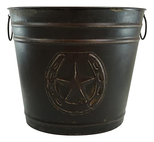 Ebros Rustic Western Texas Lone Star with Lucky Horseshoe Old Fashioned Bucket Metal Floral Vase Or Waste Basket Bin 12.5" Wide Home and Bathroom Accent Country Farmhouse Cowboy Decorative Accent