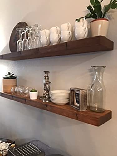 Joel's Antiques | 60 Inch Floating Shelves for Wall | Made of Natural Wood and Easy Install | Heavy Duty Rustic Book Shelves | Perfect for Bathroom, Kitchen, Living Room | Medium Brown 60x9x2 Inches