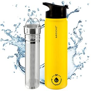 grosche chicago stainless steel tea infuser flask | beverage bottle | hot & cold drinks | loose leaf tea infuser | travel convenience water bottle | 22 fl oz, yellow