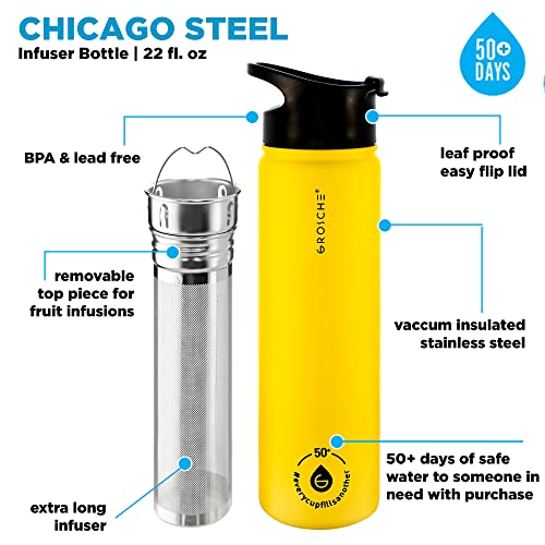 GROSCHE Chicago Stainless Steel Tea Infuser Flask | Beverage Bottle | Hot & Cold Drinks | Loose Leaf Tea Infuser | Travel Convenience Water Bottle | 22 fl oz, Yellow