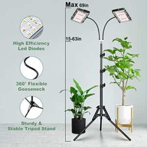 LORDEM Grow Light with Stand, Full Spectrum LED Plant Light for Indoor Plants, 200W Dual Heads Grow Lamp with Auto On/Off Timer, 3 Lighting Modes, 6 Dimmable Levels, Adjustable Tripod 15-63 inches