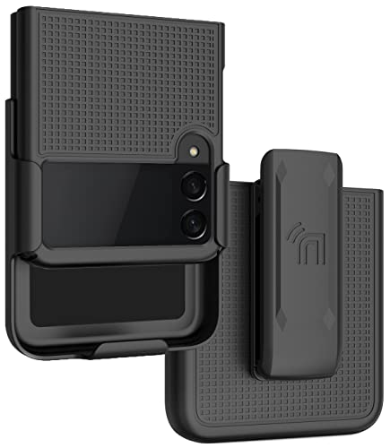 Case with Clip for Galaxy Z Flip 3 5G, Nakedcellphone [Grid Texture] Slim Hard Shell Cover and [Rotating/Ratchet] Belt Hip Holster Holder Combo for Samsung Z Flip3 Phone (SM-F711, 2021) - Black