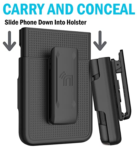 Case with Clip for Galaxy Z Flip 3 5G, Nakedcellphone [Grid Texture] Slim Hard Shell Cover and [Rotating/Ratchet] Belt Hip Holster Holder Combo for Samsung Z Flip3 Phone (SM-F711, 2021) - Black