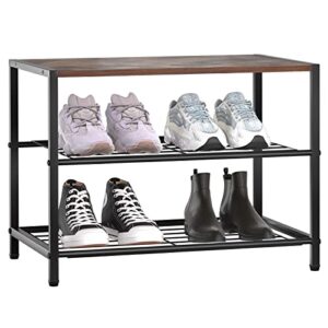 youdenova metal shoe rack, 3-tier shoe shelf with mdf wood top board, shoe tower for entryway, shoe storage organizer for hallway, closet, bedroom, living room - rustic brown