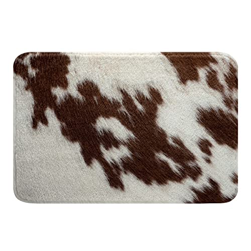 Erosebridal Cow Print Rug 20"X32", Faux Cowhide Bath Mat Kawaii Animal Fur Door Mat Western Wildlife Skin Carpets Non Slip Area Rugs, Brown White Farmhouse Rustic Decor