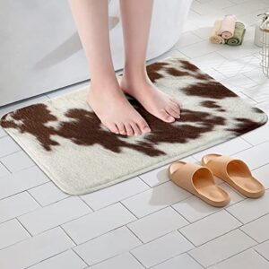 Erosebridal Cow Print Rug 20"X32", Faux Cowhide Bath Mat Kawaii Animal Fur Door Mat Western Wildlife Skin Carpets Non Slip Area Rugs, Brown White Farmhouse Rustic Decor